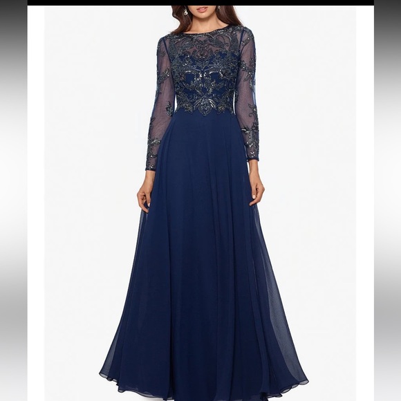 Xscape | Dresses | Xscape Illusion Crew Neck Long Sleeve Floral Beaded ...